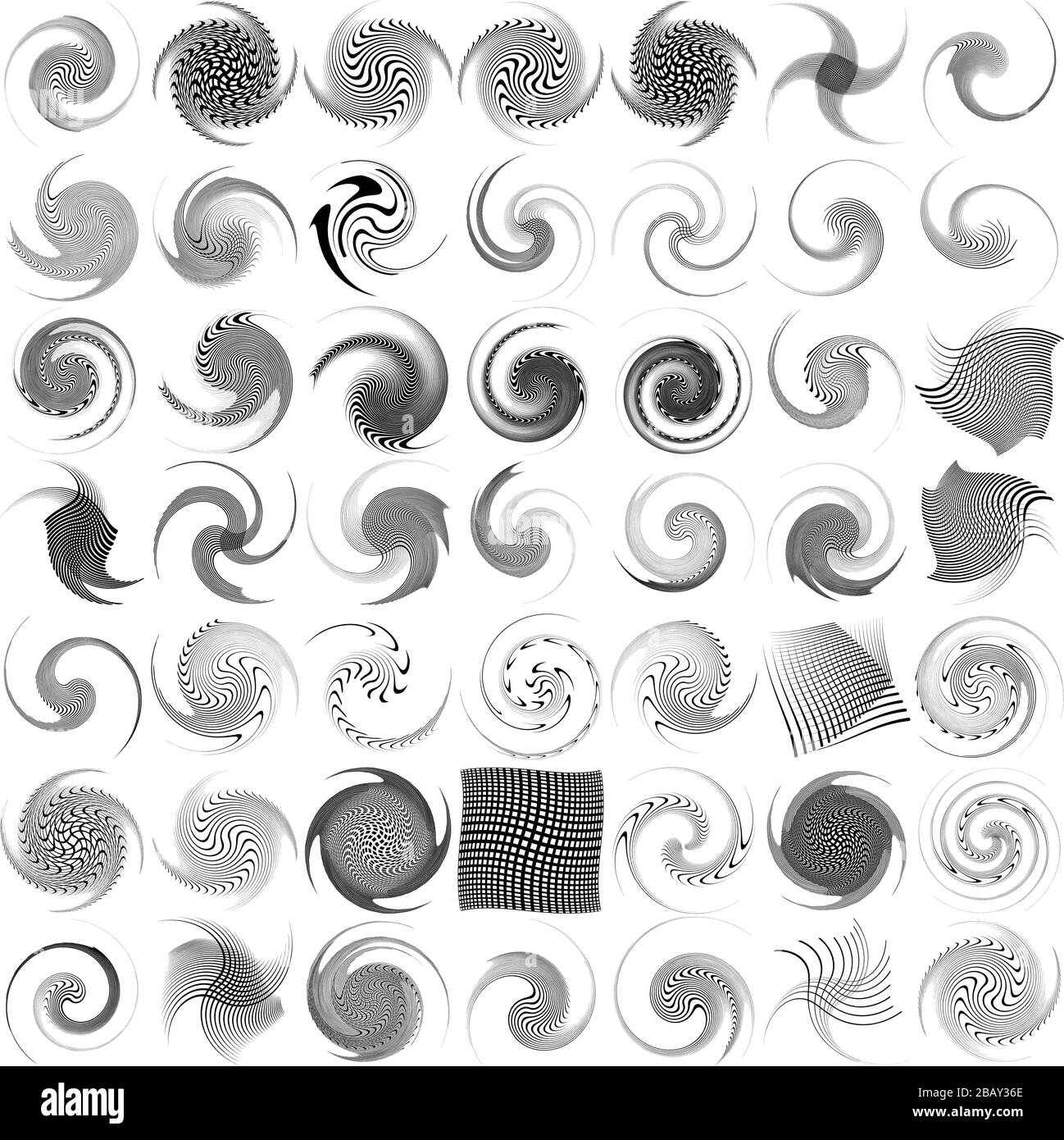 Set of black and white vortex, volute shapes. Twisted helix elements ...
