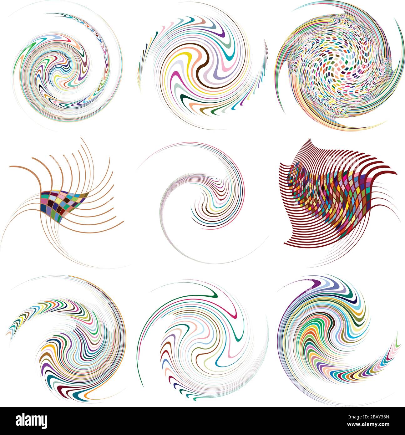 Set of mottled, multi color and colorful spiral, swirl, twirl shapes ...
