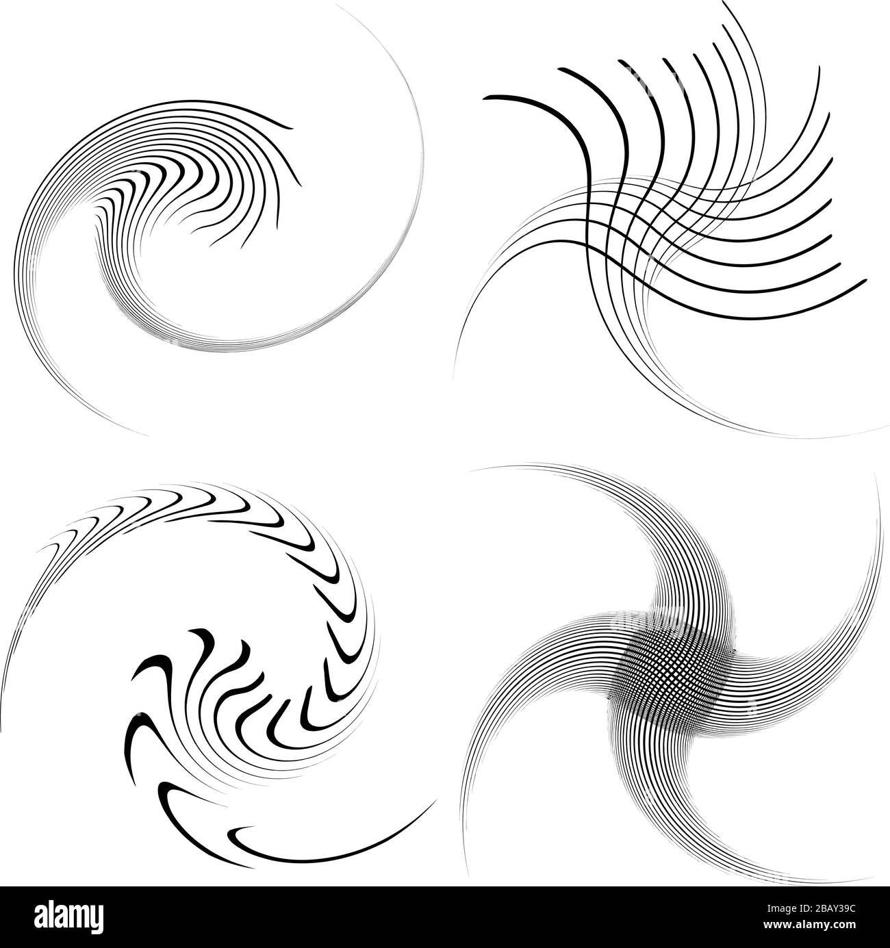 Set of black and white vortex, volute shapes. Twisted helix elements ...