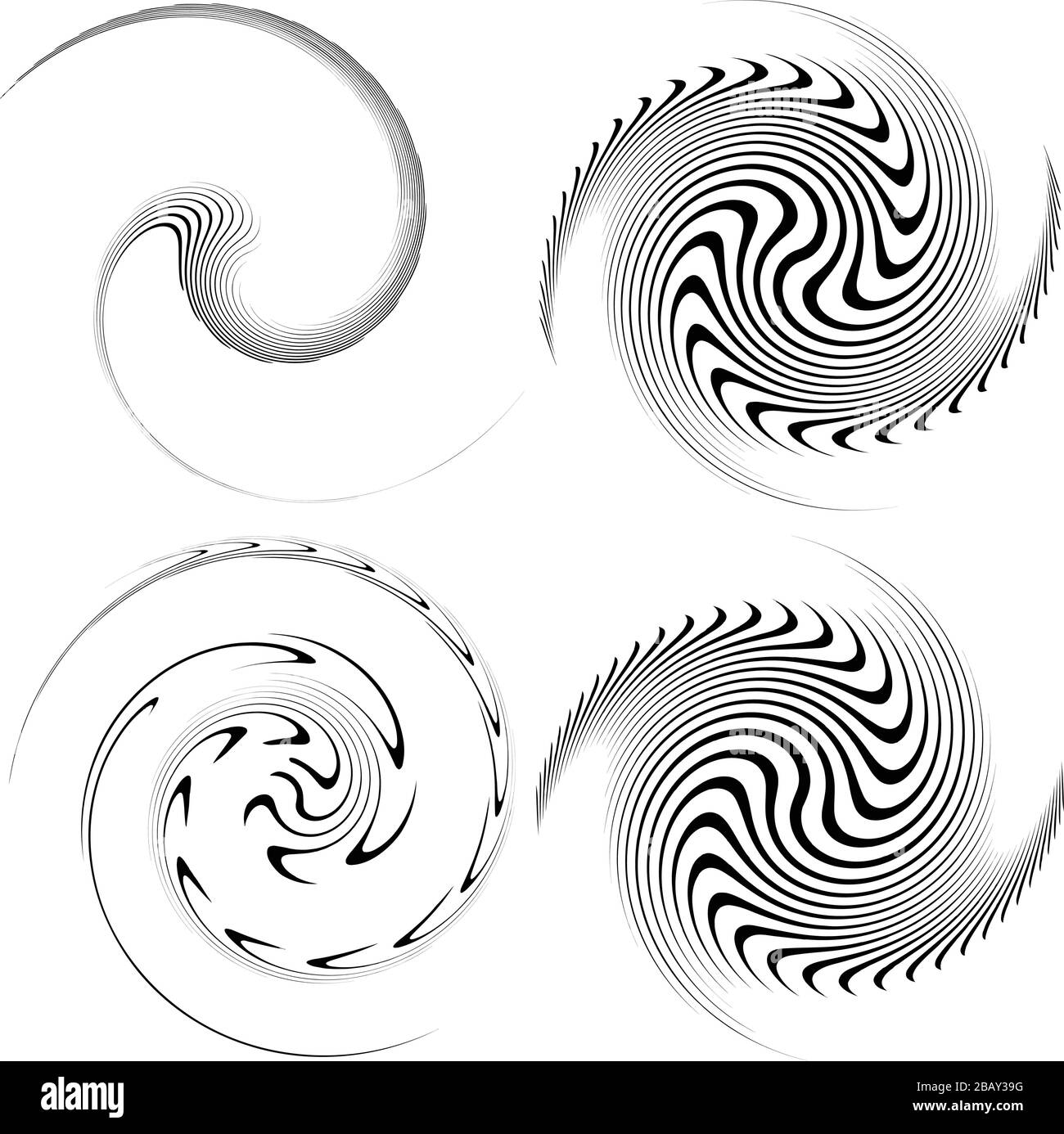 Set of black and white vortex, volute shapes. Twisted helix elements ...