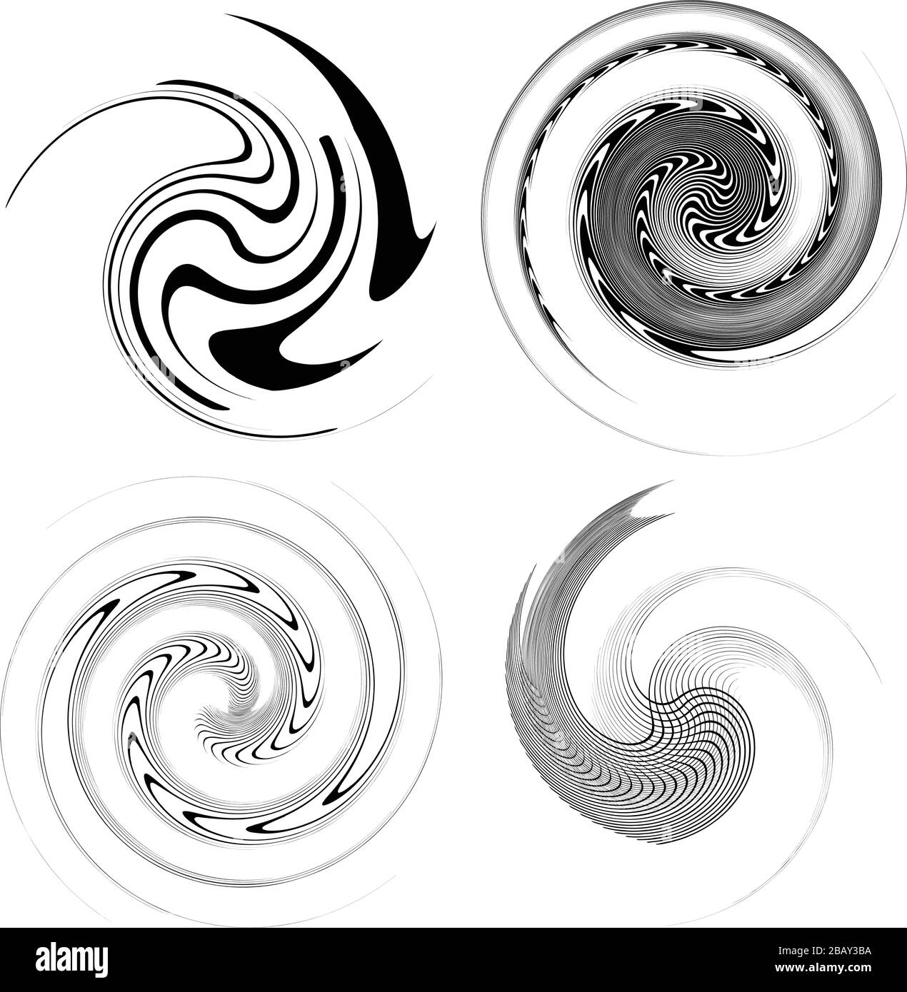 Set of black and white vortex, volute shapes. Twisted helix elements ...
