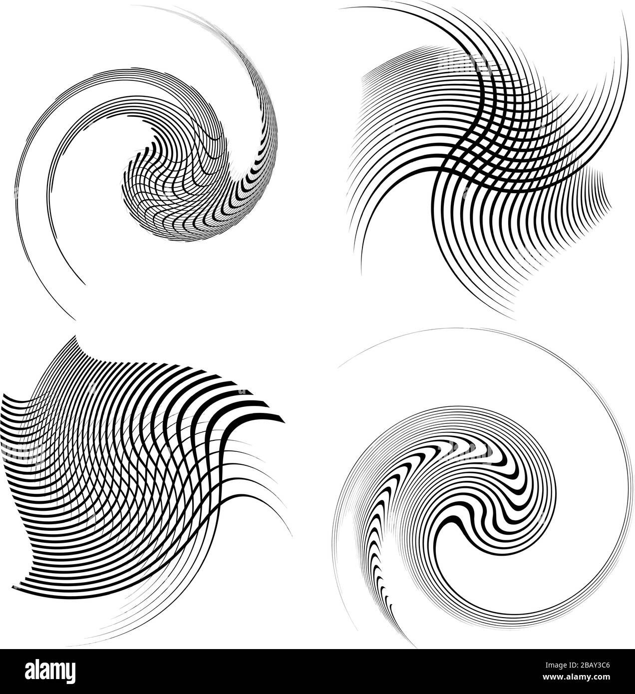 Set of black and white vortex, volute shapes. Twisted helix elements ...