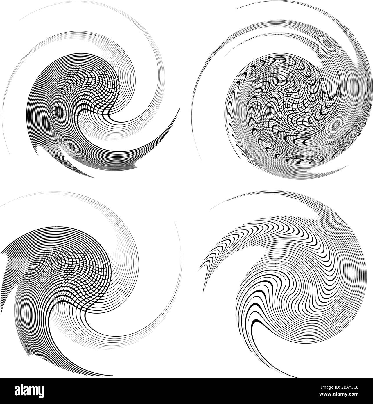 Set of black and white vortex, volute shapes. Twisted helix elements ...