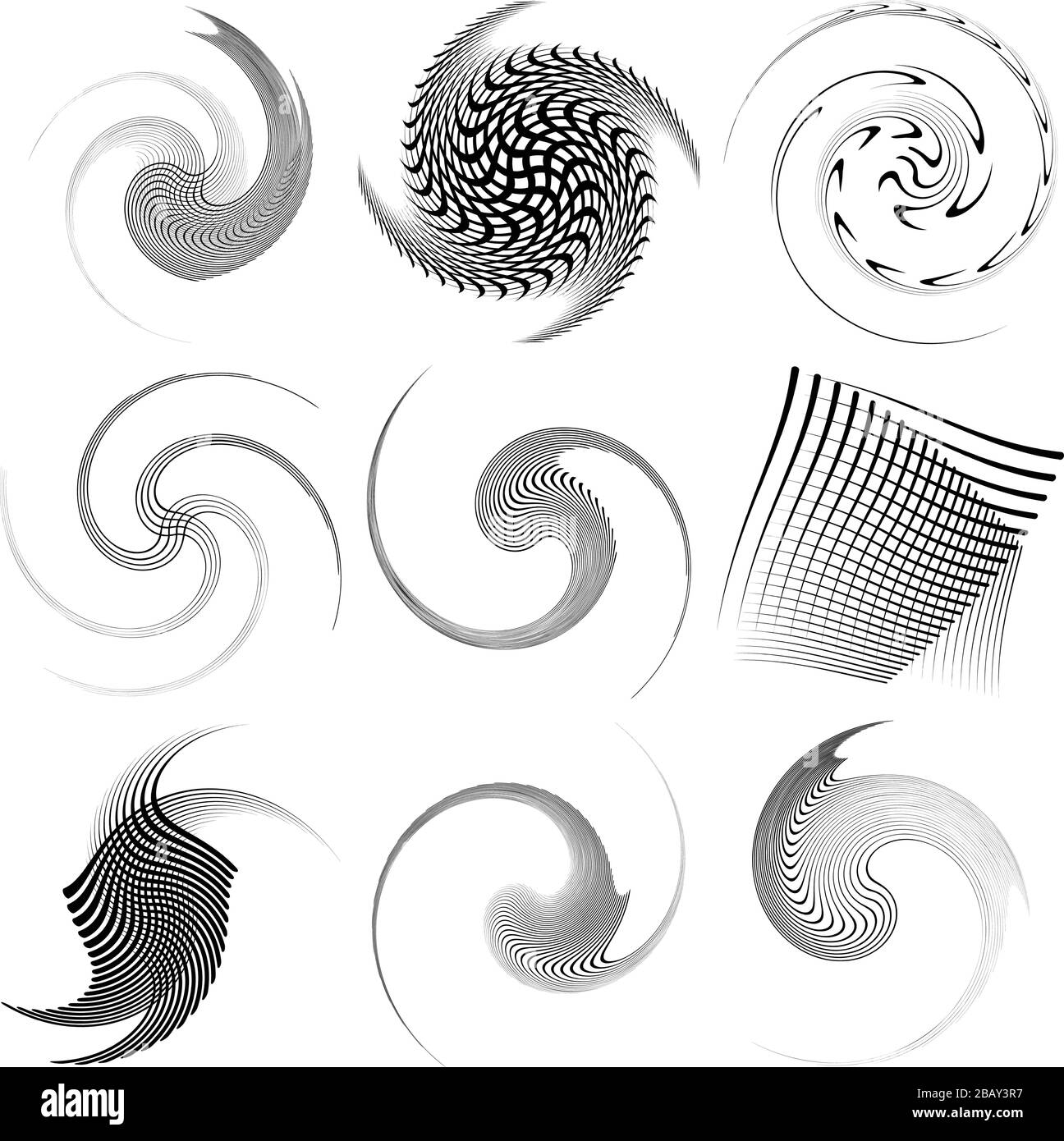 Set of black and white vortex, volute shapes. Twisted helix elements ...