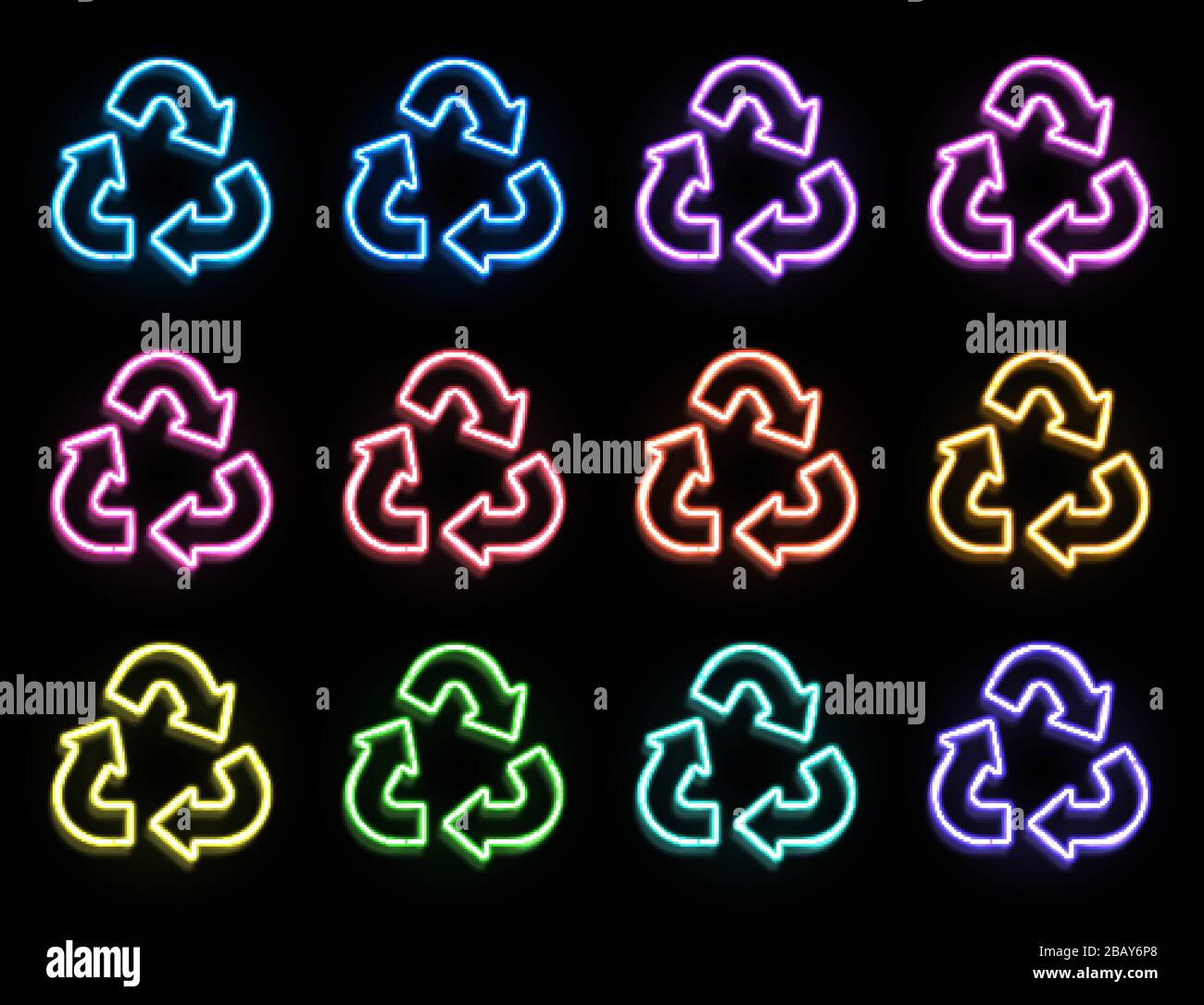 Color neon triangle recycle symbol set isolated on black background ...