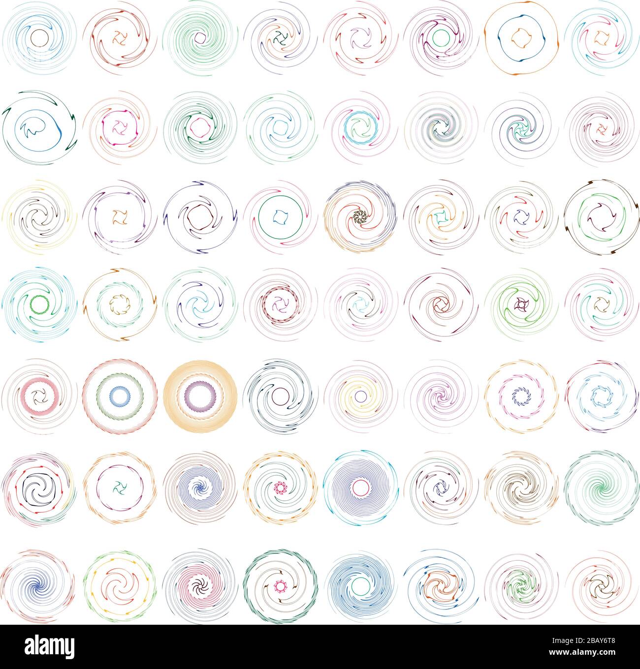 Set of mottled, multi color and colorful spiral, swirl, twirl shapes ...