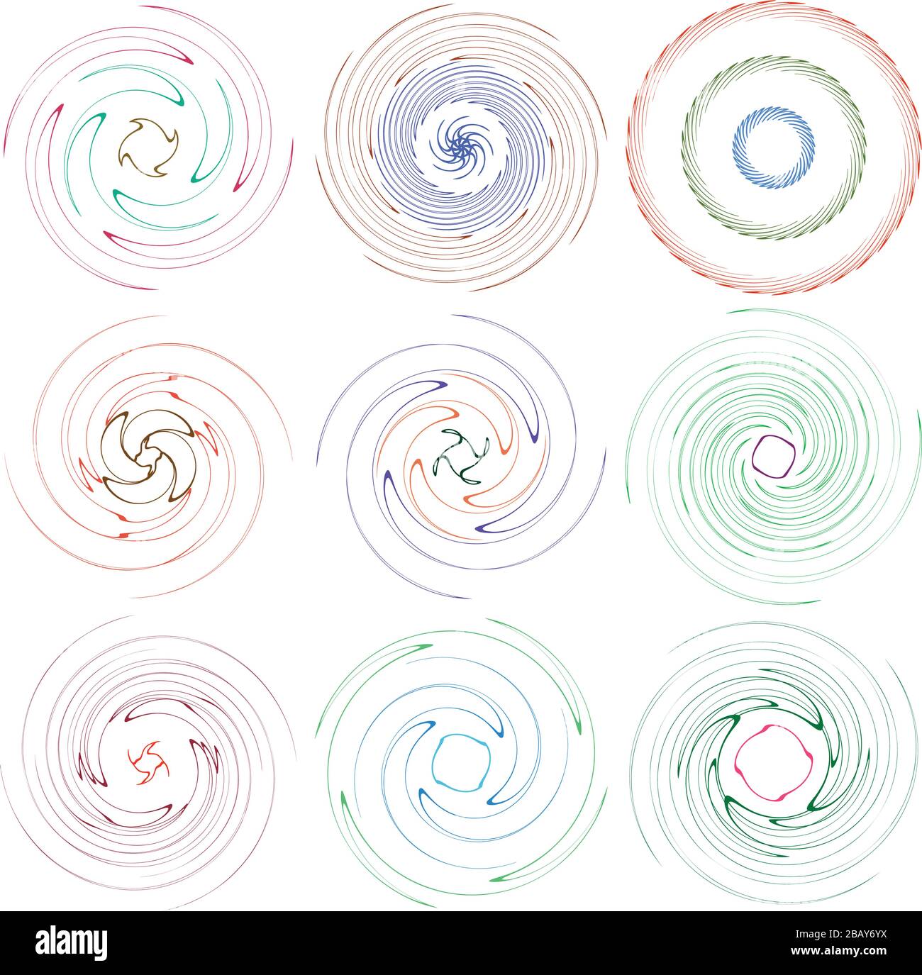 Set of mottled, multi color and colorful spiral, swirl, twirl shapes ...