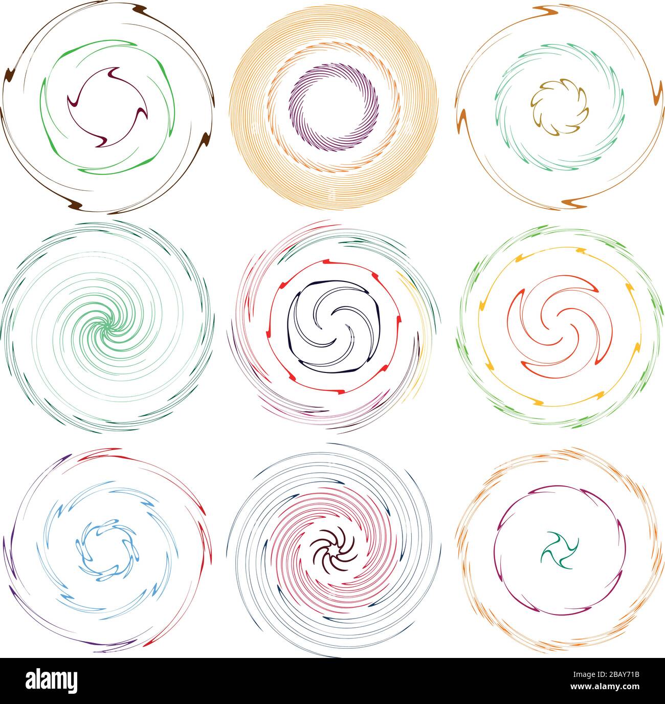 Set of mottled, multi color and colorful spiral, swirl, twirl shapes ...