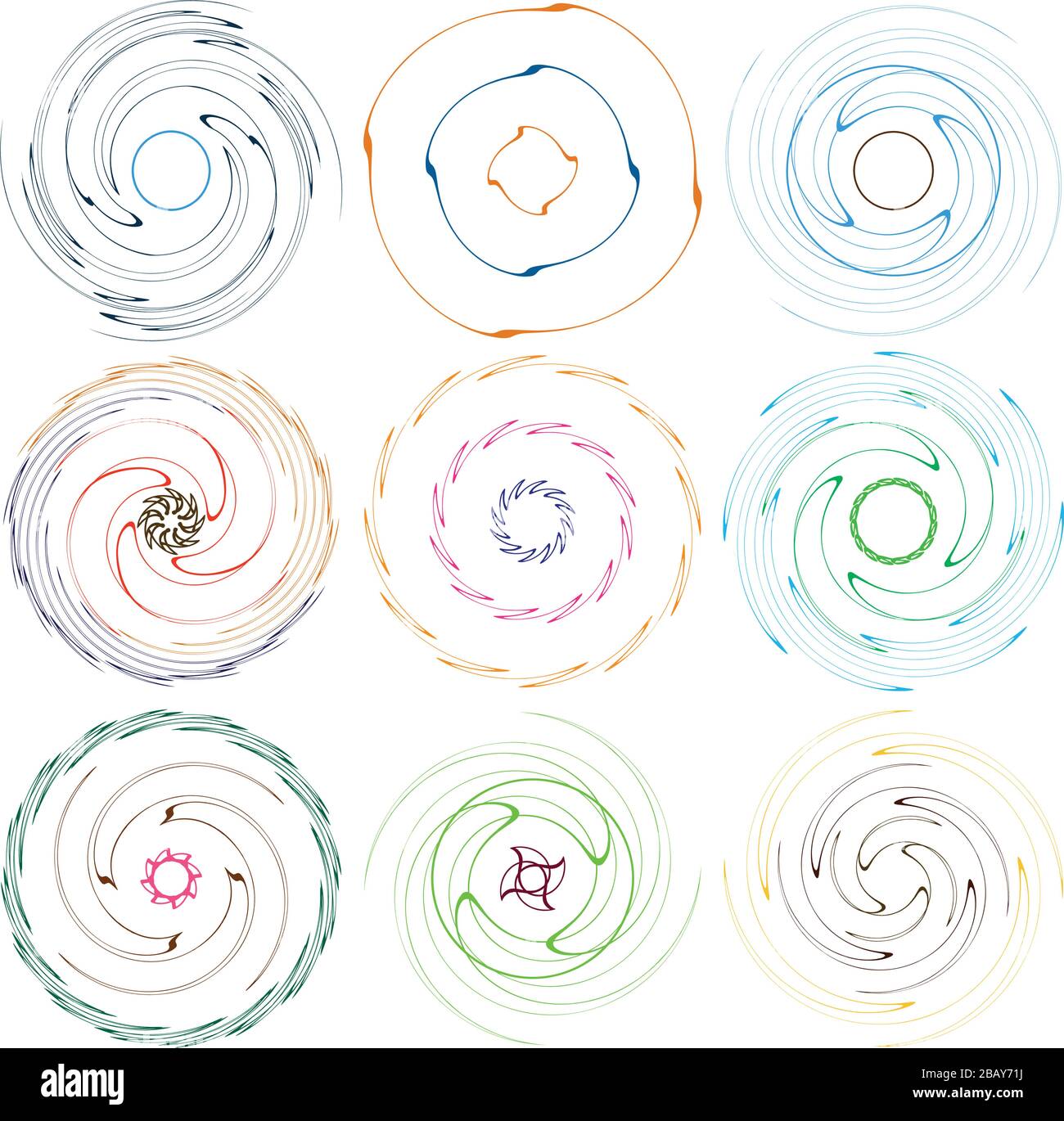 Set of mottled, multi color and colorful spiral, swirl, twirl shapes ...