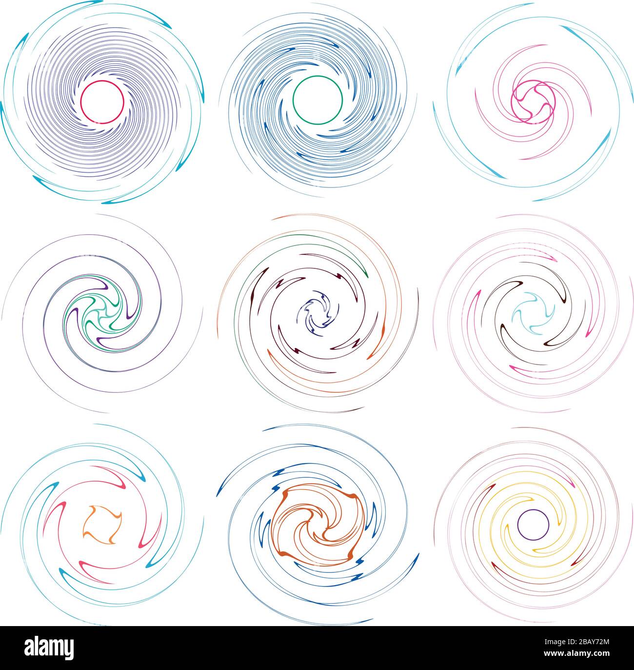Set of mottled, multi color and colorful spiral, swirl, twirl shapes ...