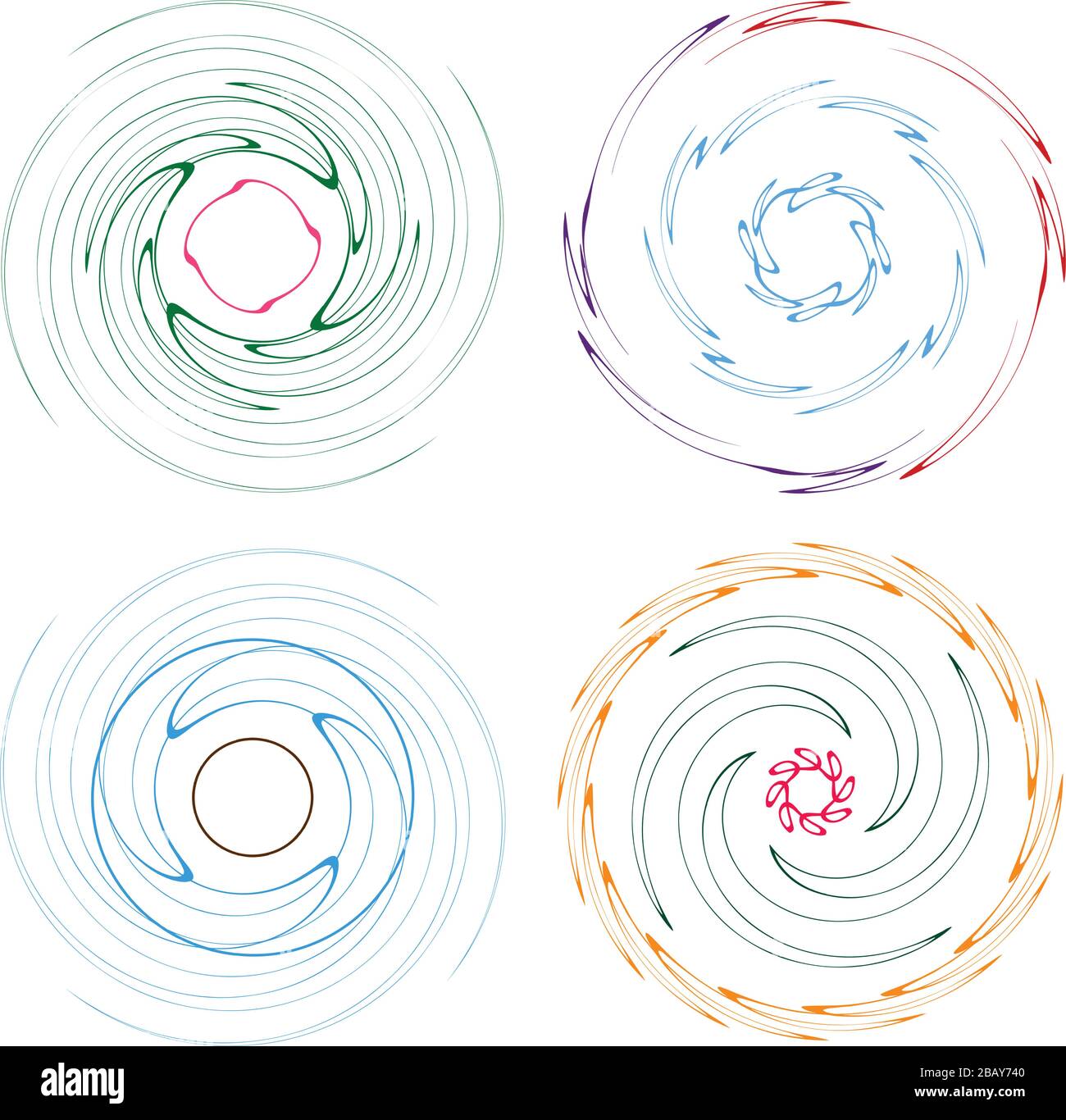 Set of mottled, multi color and colorful spiral, swirl, twirl shapes ...