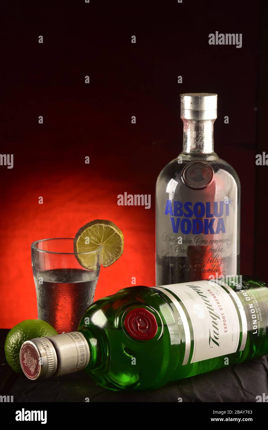 Vodka Abolute and Tanqueray drink studio shot Stock Photo - Alamy
