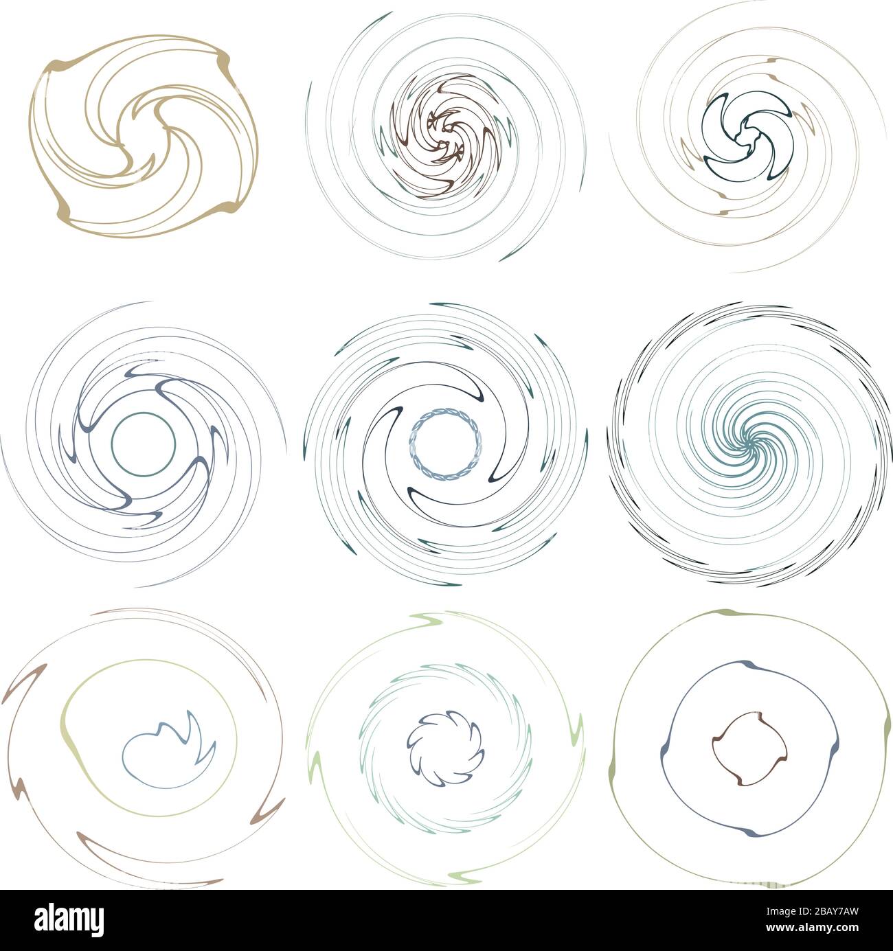 Darkish, dark set of spiral, twirl and swirl shapes. Volute, helix ...