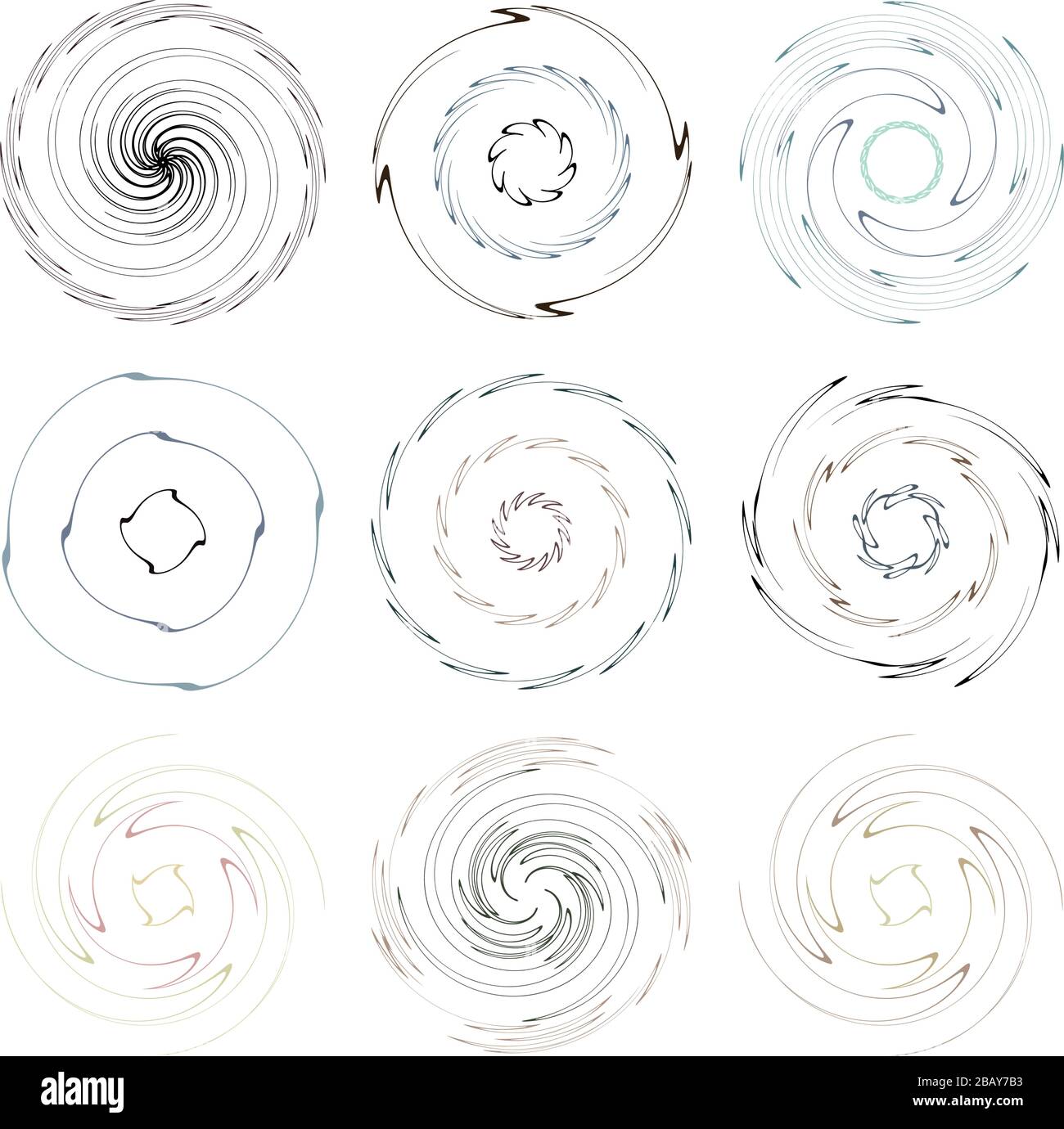 Darkish, dark set of spiral, twirl and swirl shapes. Volute, helix ...