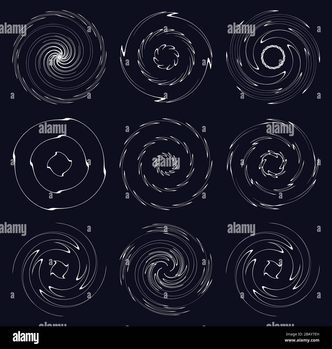 Set of black and white vortex, volute shapes. Twisted helix elements ...