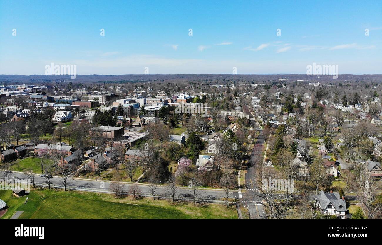 PRINCETON, NJ -26 MAR 2020- Aerial view of the town of Princeton, New ...