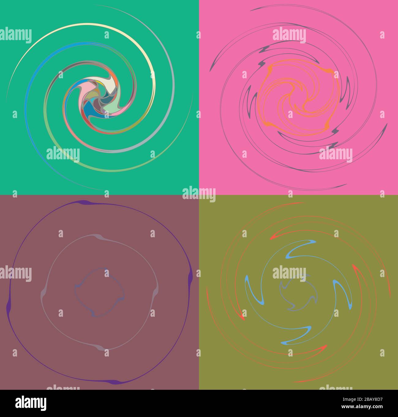 Set of mottled, multi color and colorful spiral, swirl, twirl shapes ...
