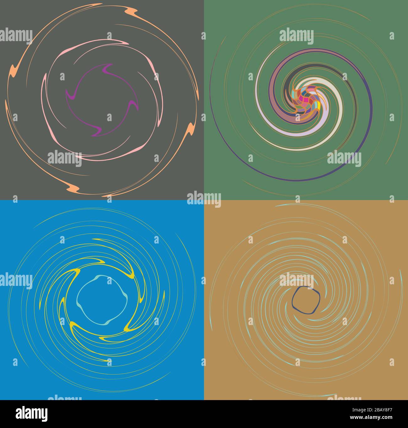 Set of mottled, multi color and colorful spiral, swirl, twirl shapes ...