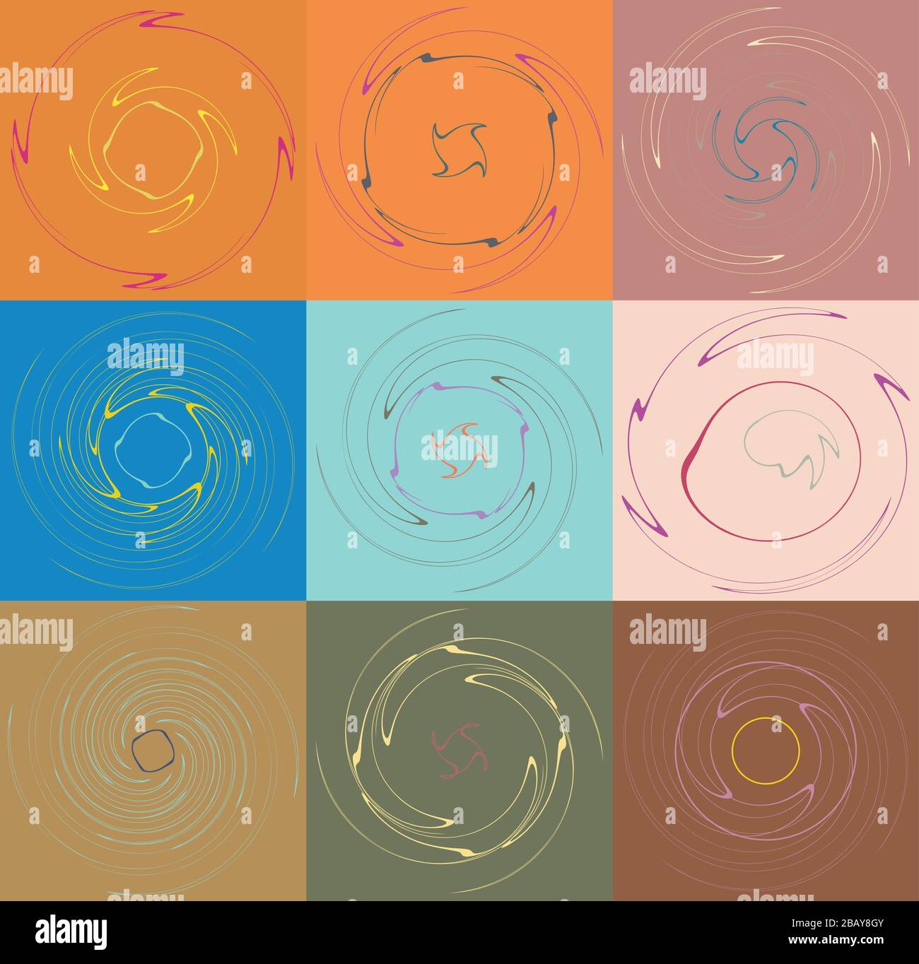 Set of mottled, multi color and colorful spiral, swirl, twirl shapes ...