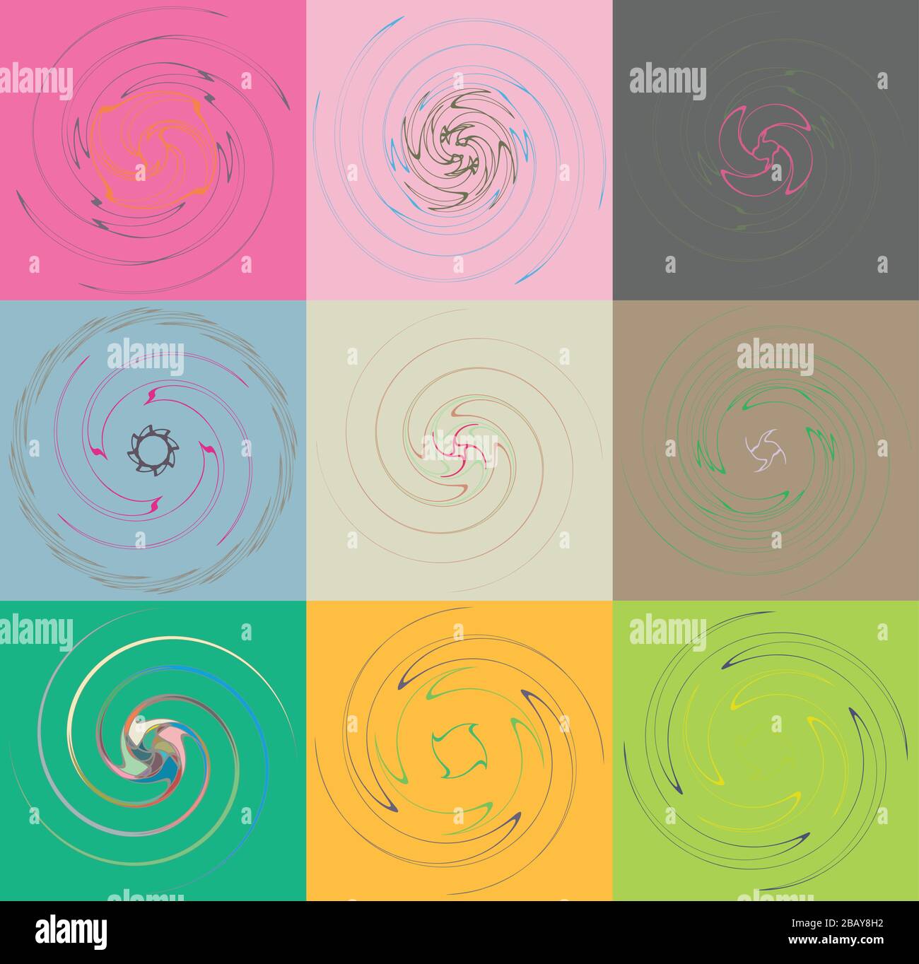 Set of mottled, multi color and colorful spiral, swirl, twirl shapes ...