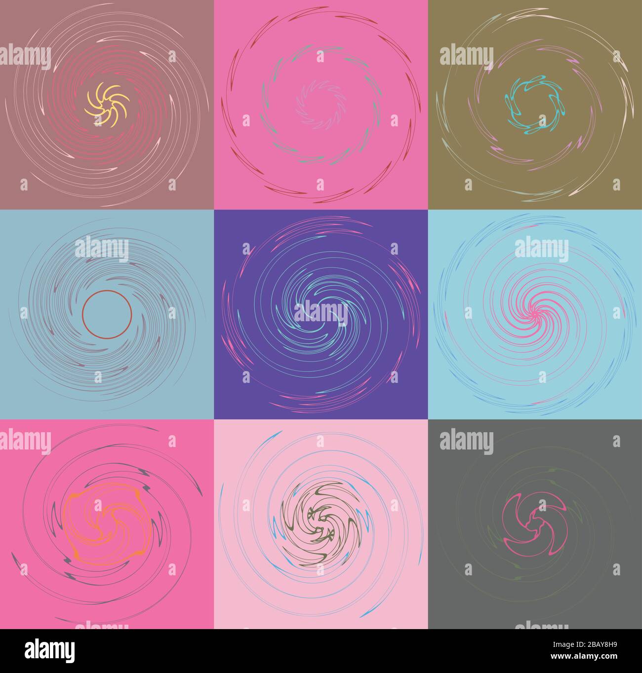 Set of mottled, multi color and colorful spiral, swirl, twirl shapes ...
