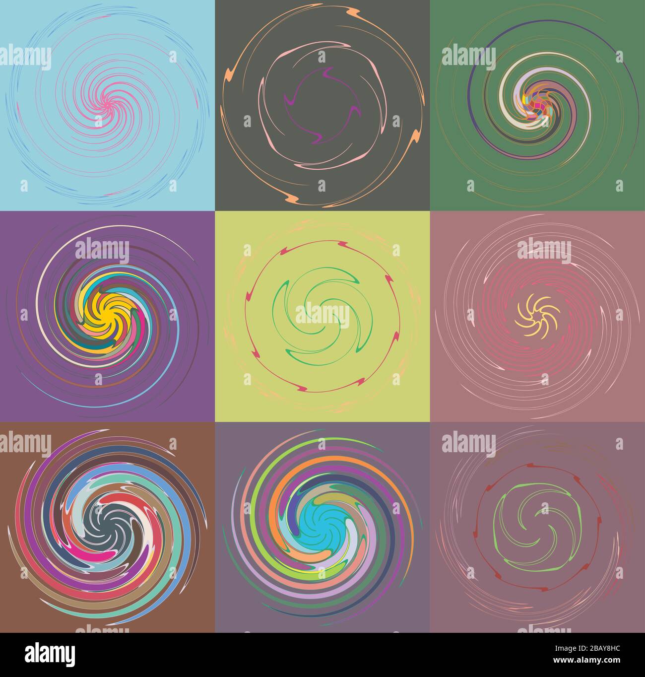 Set of mottled, multi color and colorful spiral, swirl, twirl shapes ...