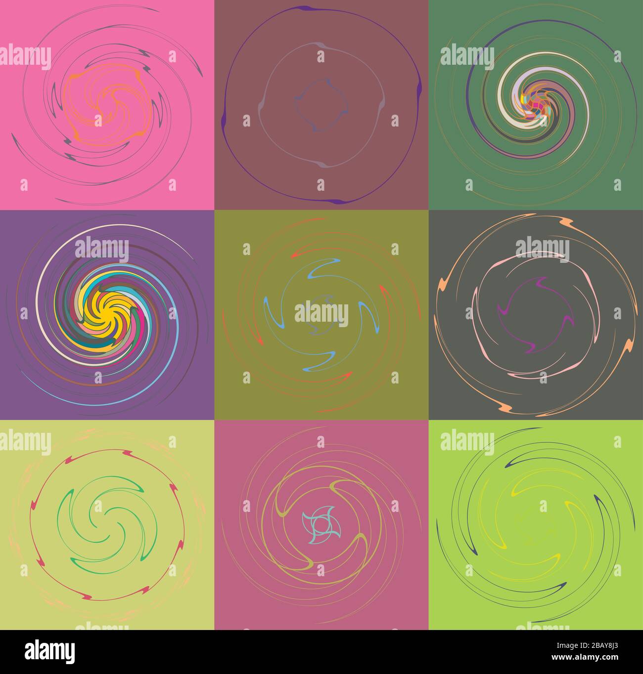 Set of mottled, multi color and colorful spiral, swirl, twirl shapes ...
