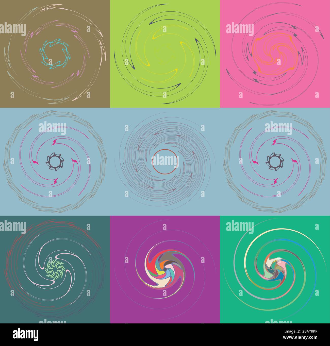 Set of mottled, multi color and colorful spiral, swirl, twirl shapes ...