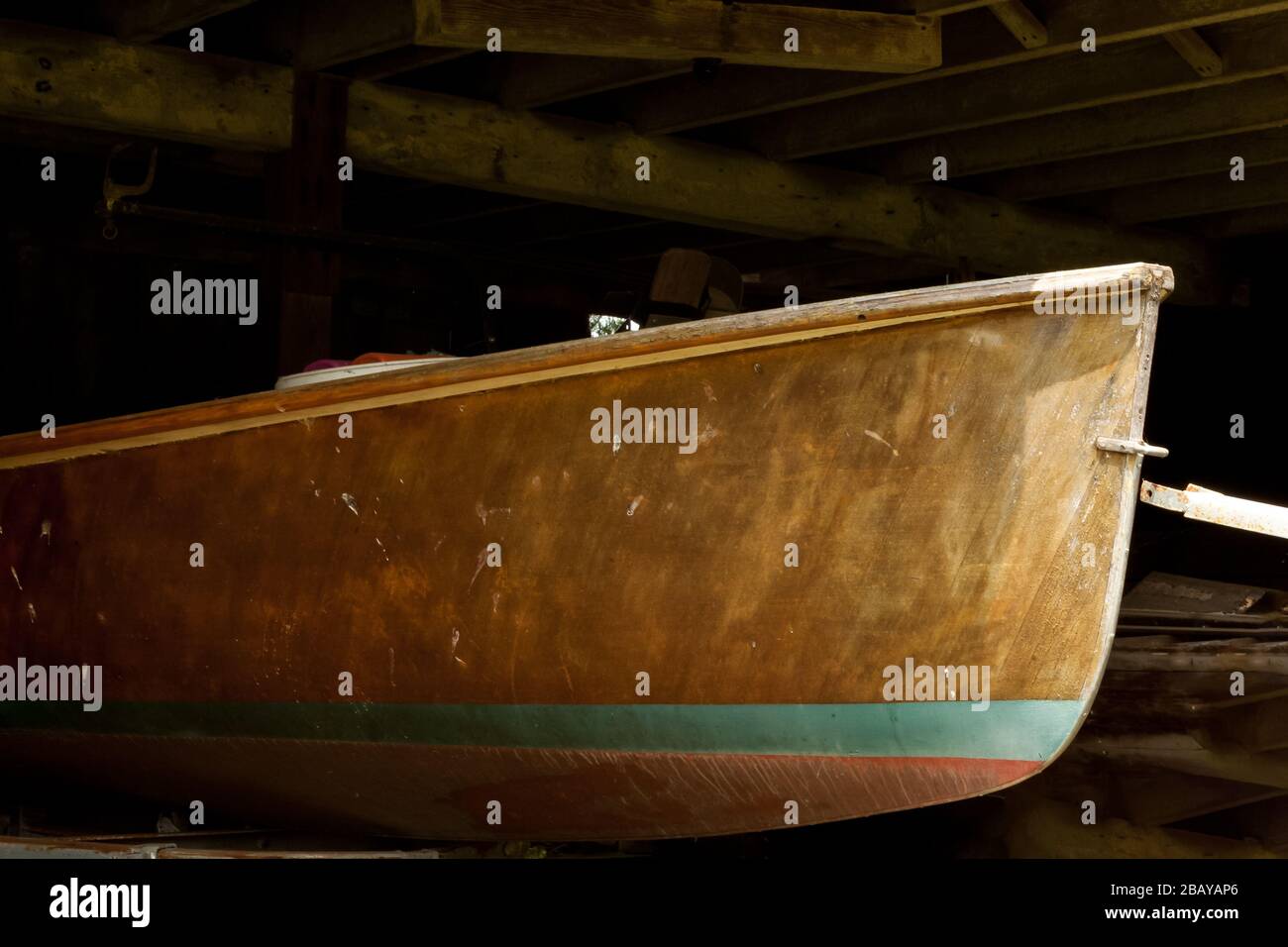 Closeup shot of a hull of an old boat in Saint Michaels, Maryland barn ...