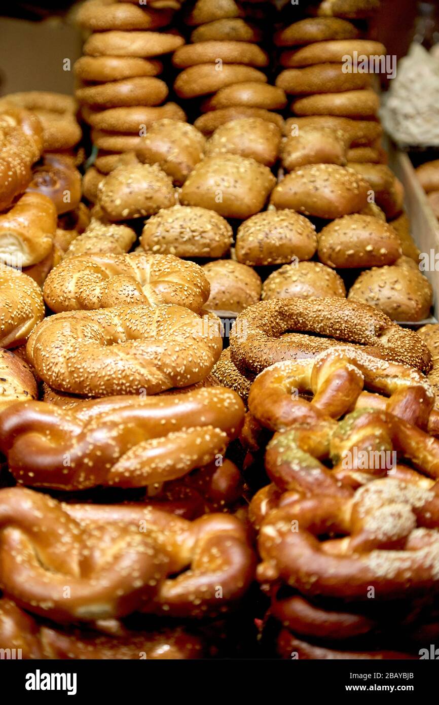 Stacked Bread Products at Market Stock Photo - Alamy