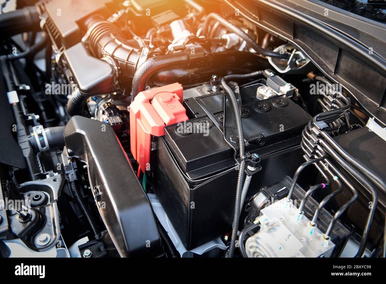 battery car engine detail motor / close up of machine new batteries car ...