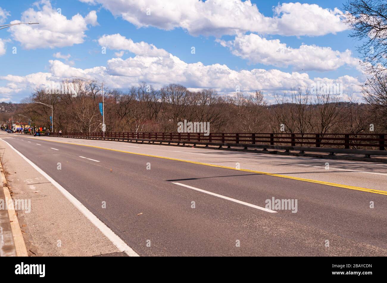 The Forbes Avenue bridge over Frick Park on a sunny spring day ...