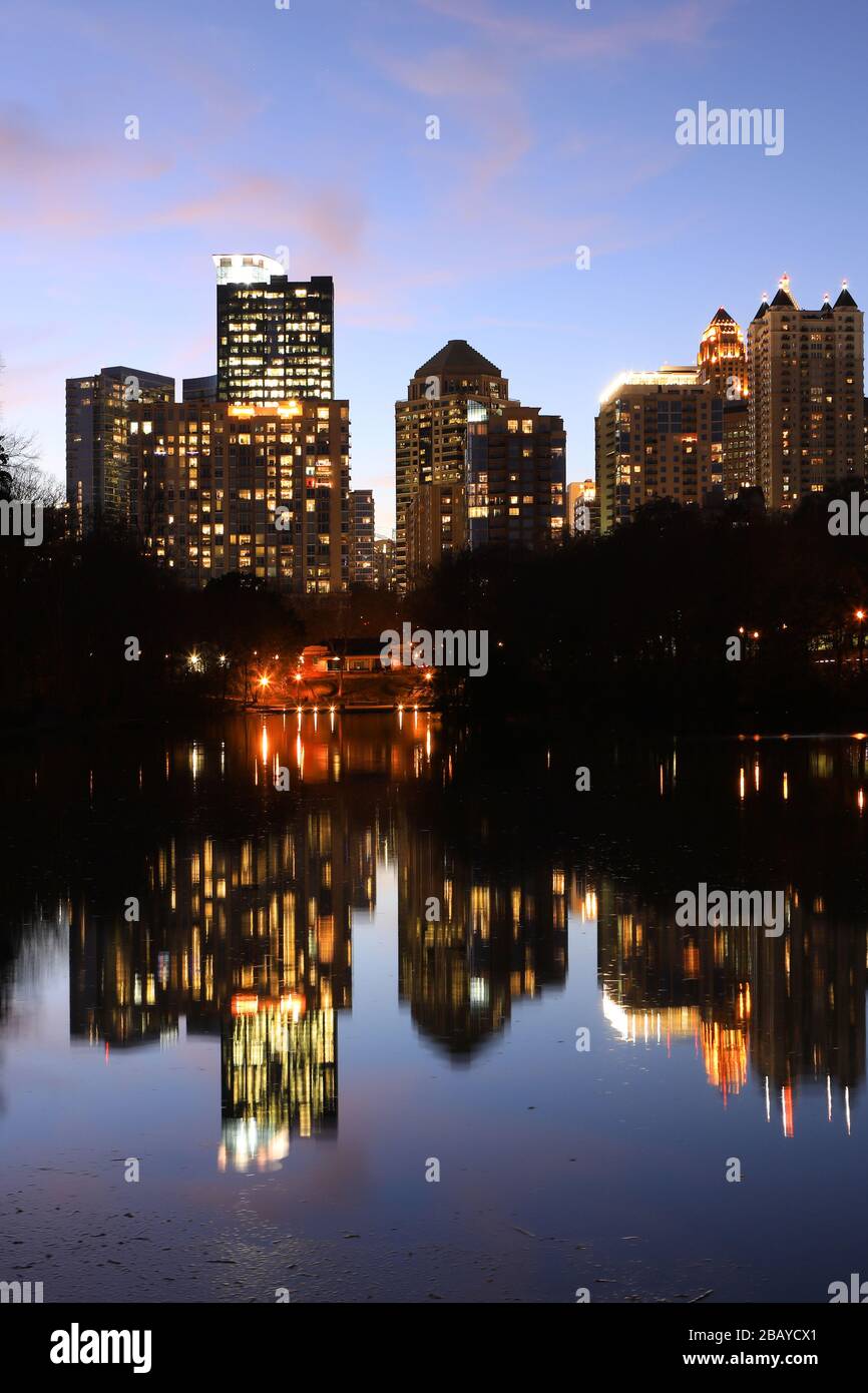 A Vertical of Atlanta, Georgia skyline at night with reflections Stock ...