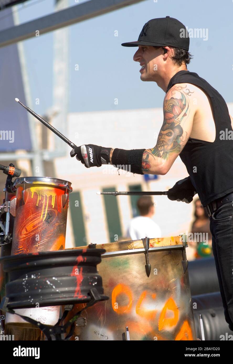 Frank Zummo of Street Drum Corps performs at the Galaxy game in Los ...