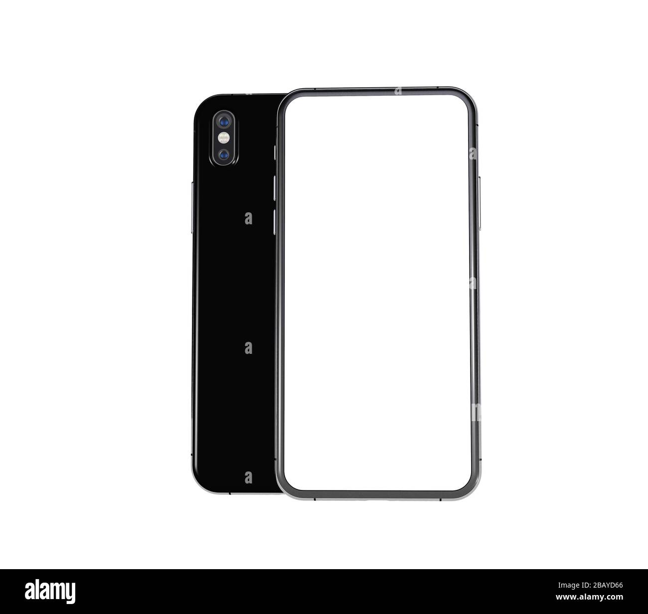 Front and back of a smartphone with a white screen behind a white ...