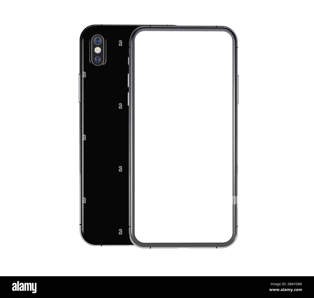 Front and back of a smartphone with a white screen behind a white ...