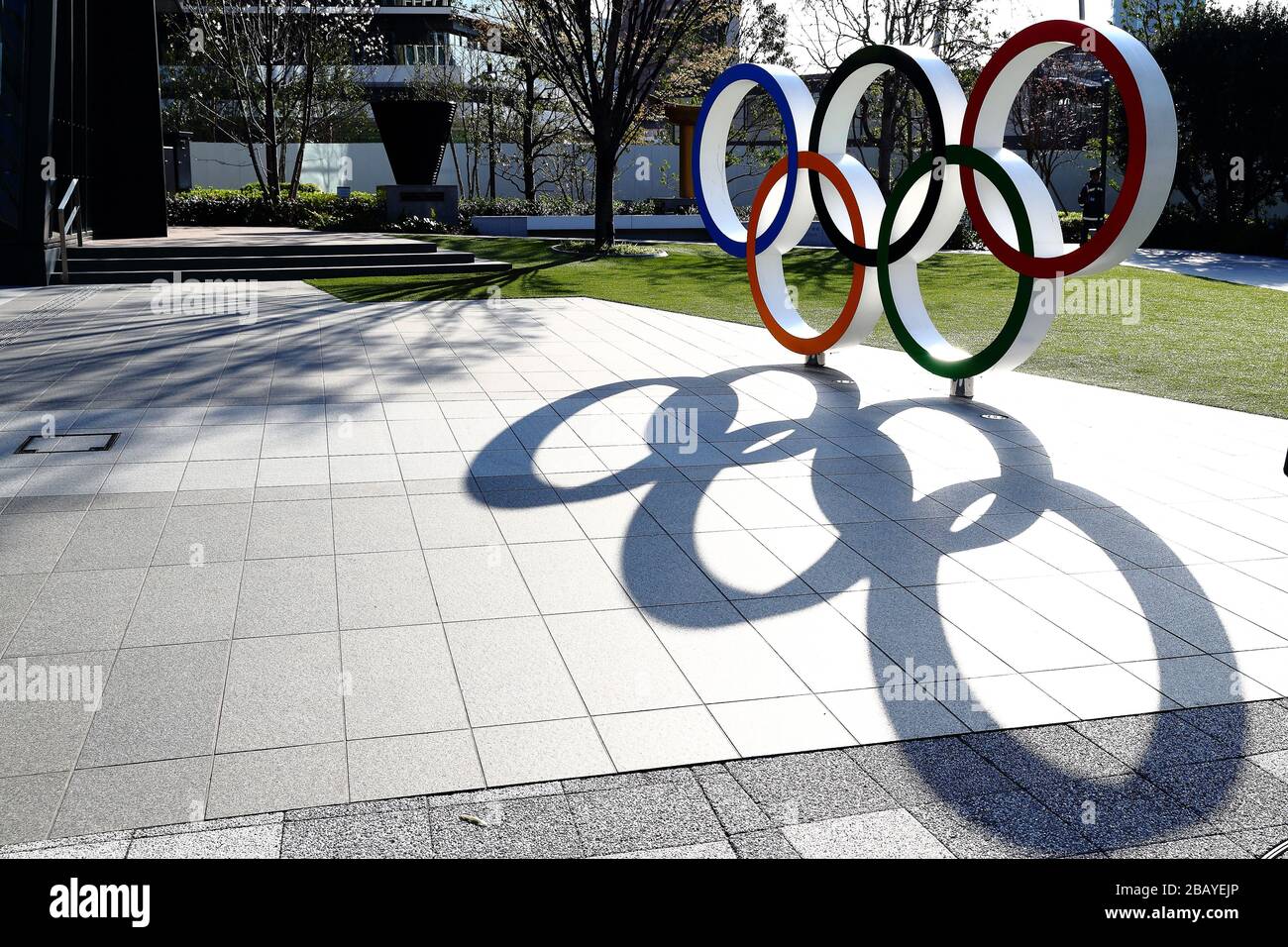 MARCH 26, 2020 : Olympic rings are displayed at Japan Sport Olympic ...