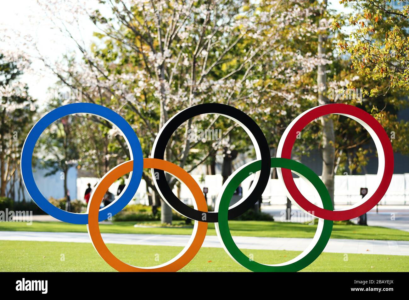 MARCH 26, 2020 : Olympic rings are displayed at Japan Sport Olympic ...