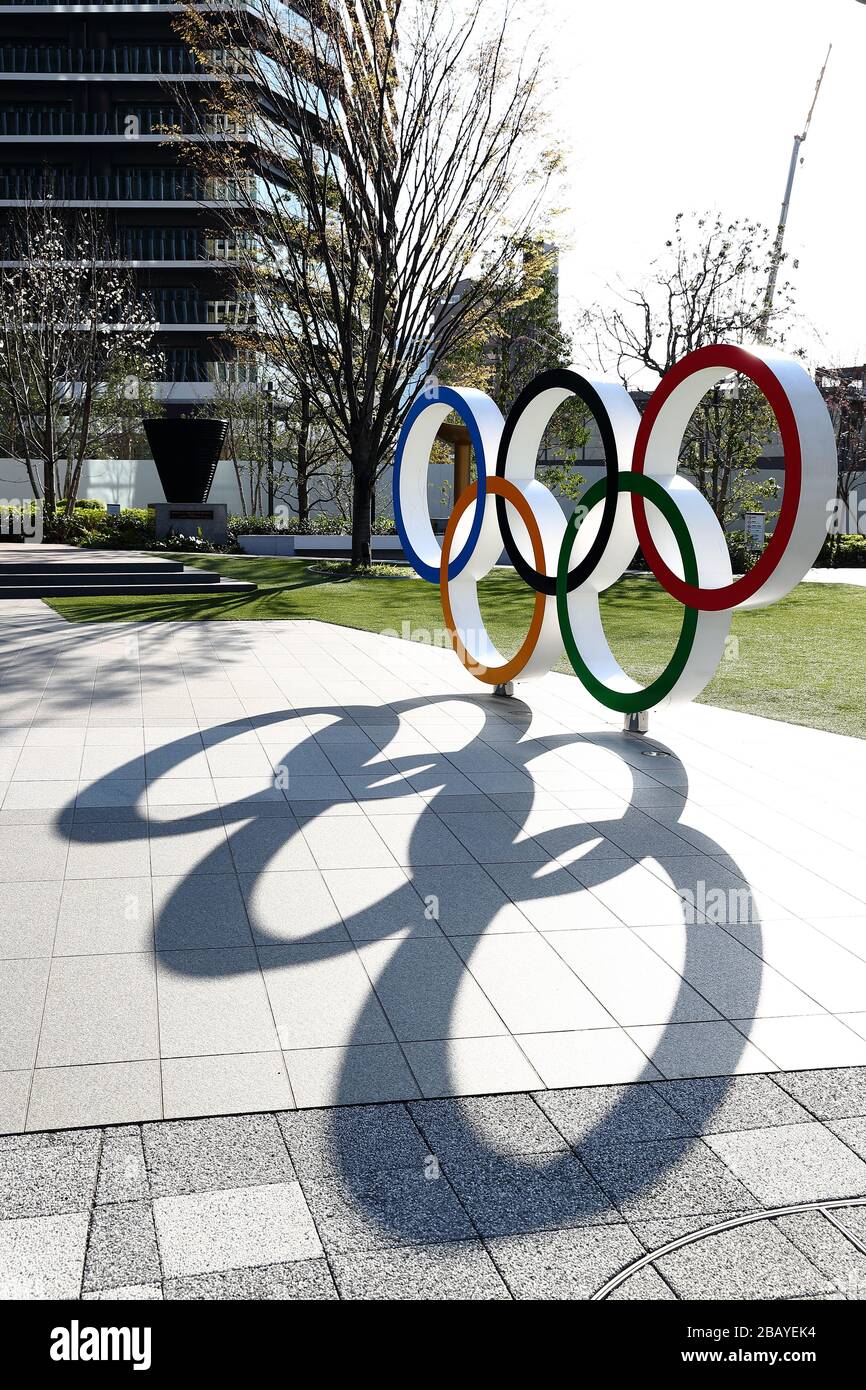 MARCH 26, 2020 : Olympic rings are displayed at Japan Sport Olympic ...