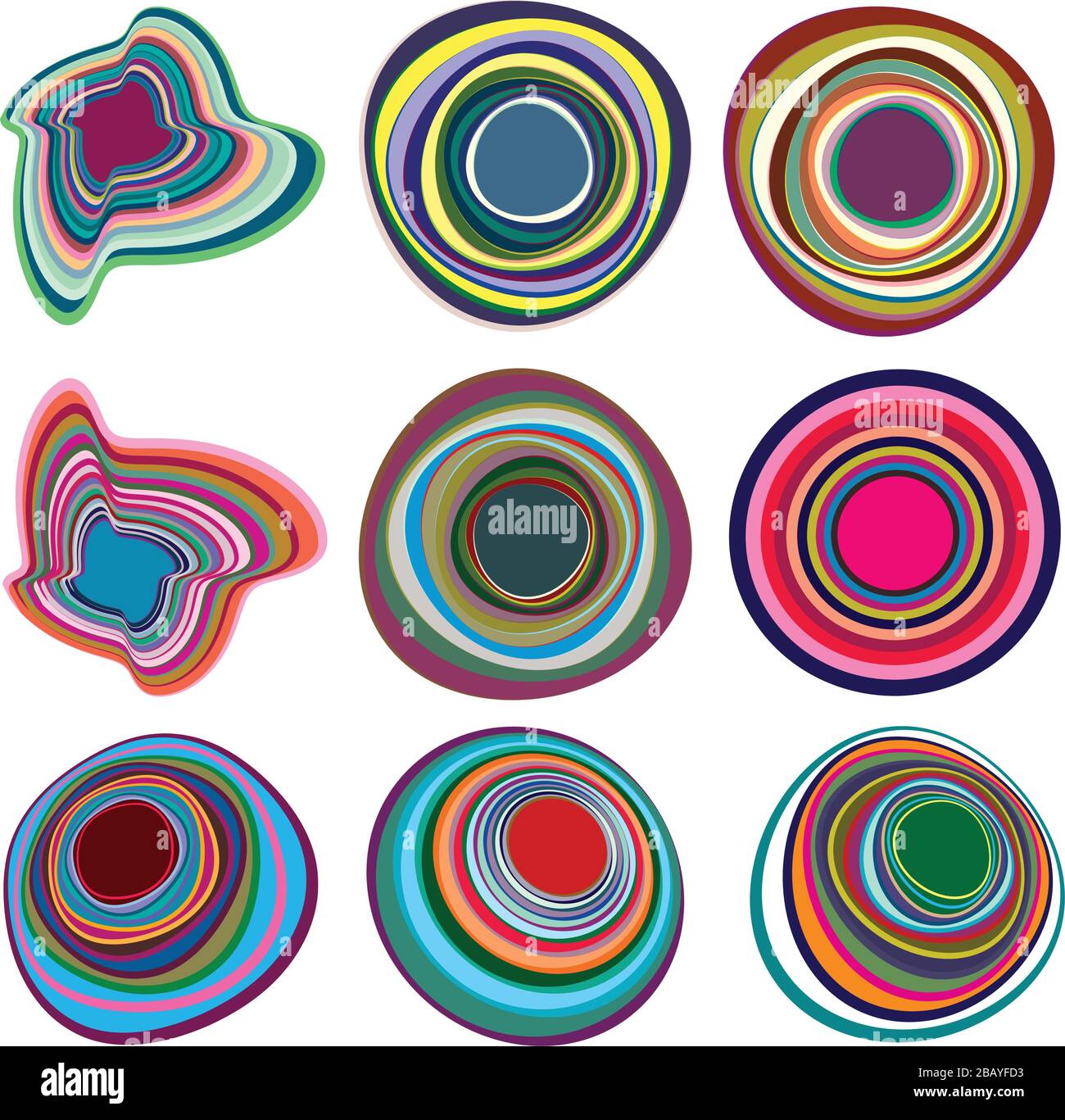 Set of mottled, multi color and colorful spiral, swirl, twirl shapes ...