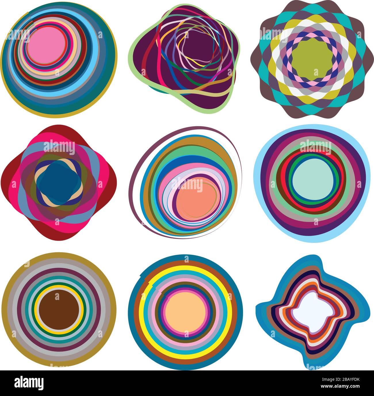 Set of mottled, multi color and colorful spiral, swirl, twirl shapes ...