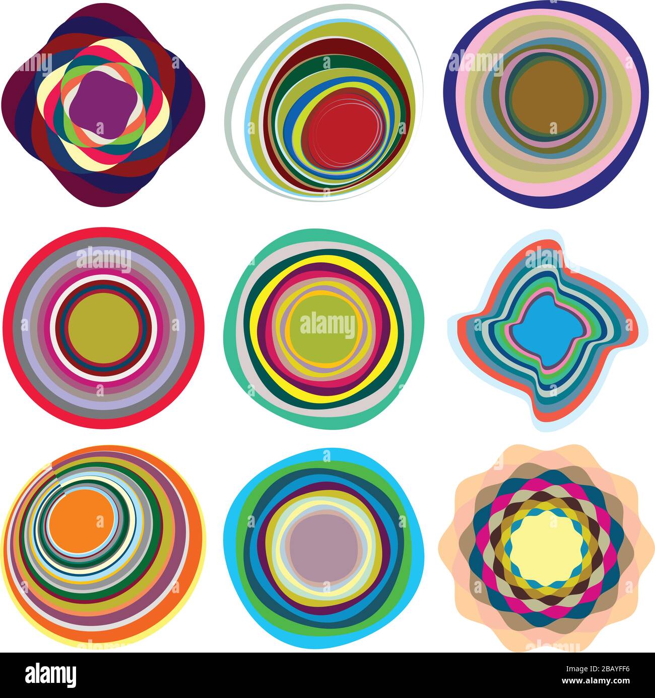 Set of mottled, multi color and colorful spiral, swirl, twirl shapes ...