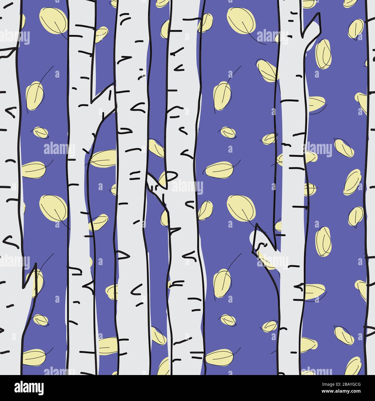 Birch trees and leaves seamless pattern on blue background. Seamless ...