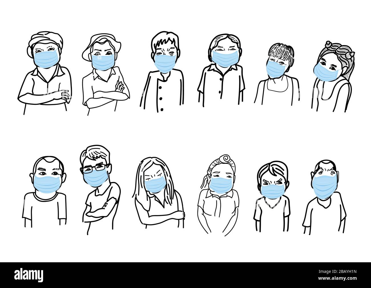 Drawing group of people wear surgical mask isolated on white background ...