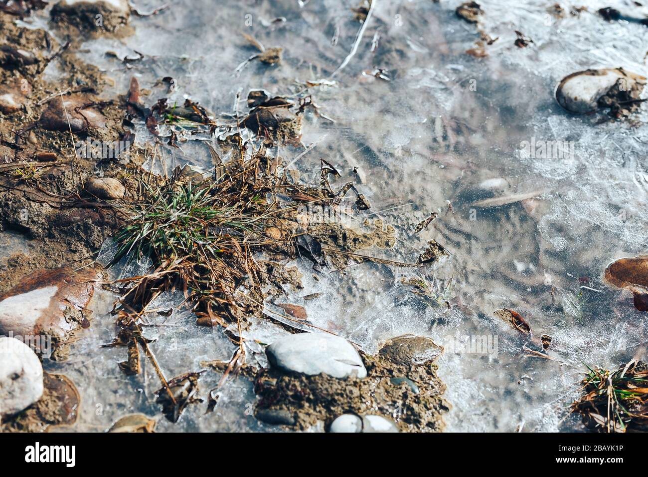 ice crystals pattern over frozen puddle on spring river Stock Photo - Alamy