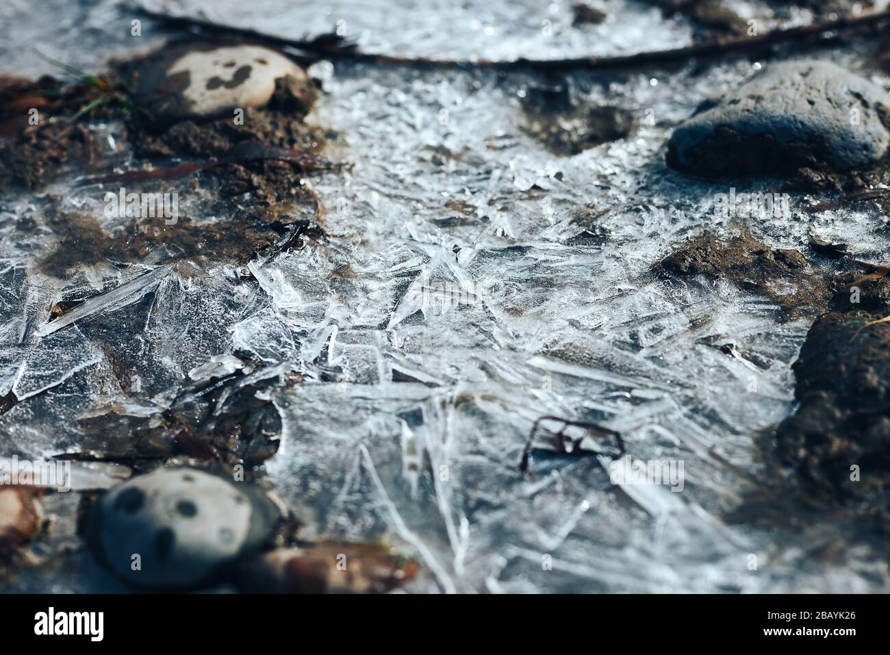 ice crystals pattern over frozen puddle on spring river Stock Photo - Alamy
