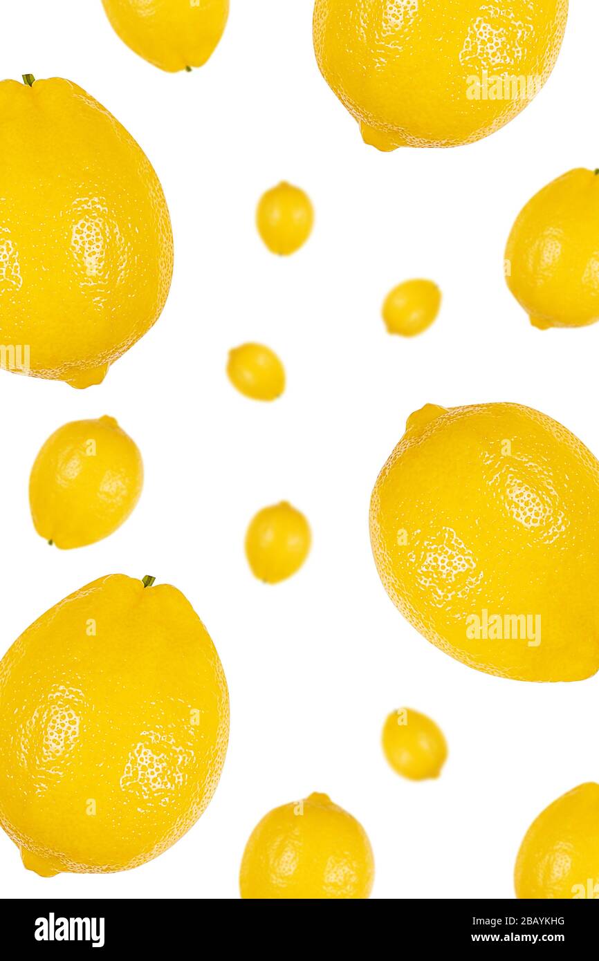 Falling whole lemons isolated on white. Blurred perspective. Open ...