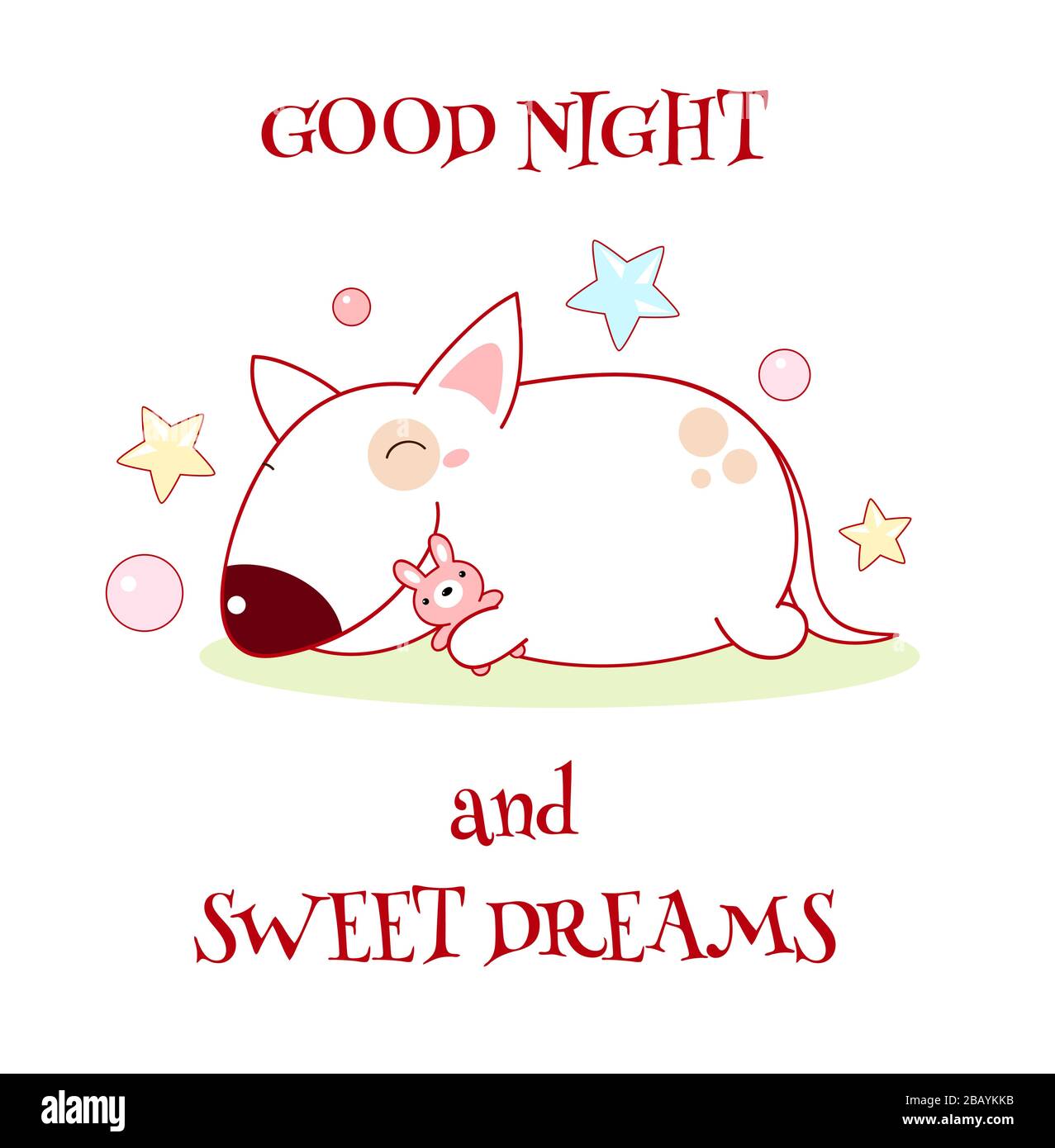 Good night and sweet dreams. Cute dog sleeping with a toy rabbit. Bull ...