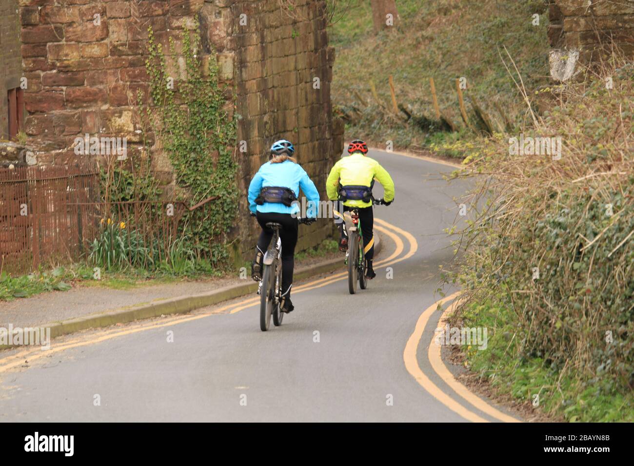 UK Cumbria, Furness Abbey Entrance, rural, road, cyclists, cycle ride ...