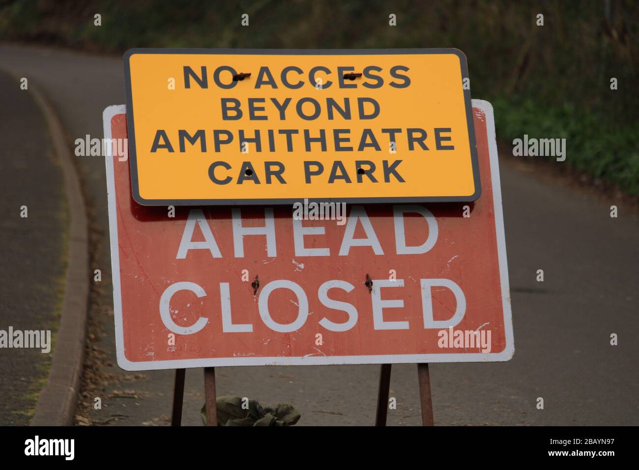 No access yellow sign, red road ahead closed sign, direct, direction ...